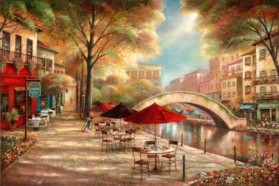 Ruane Manning Riverwalk Cafe Painting Riverwalk Cafe Print For Sale