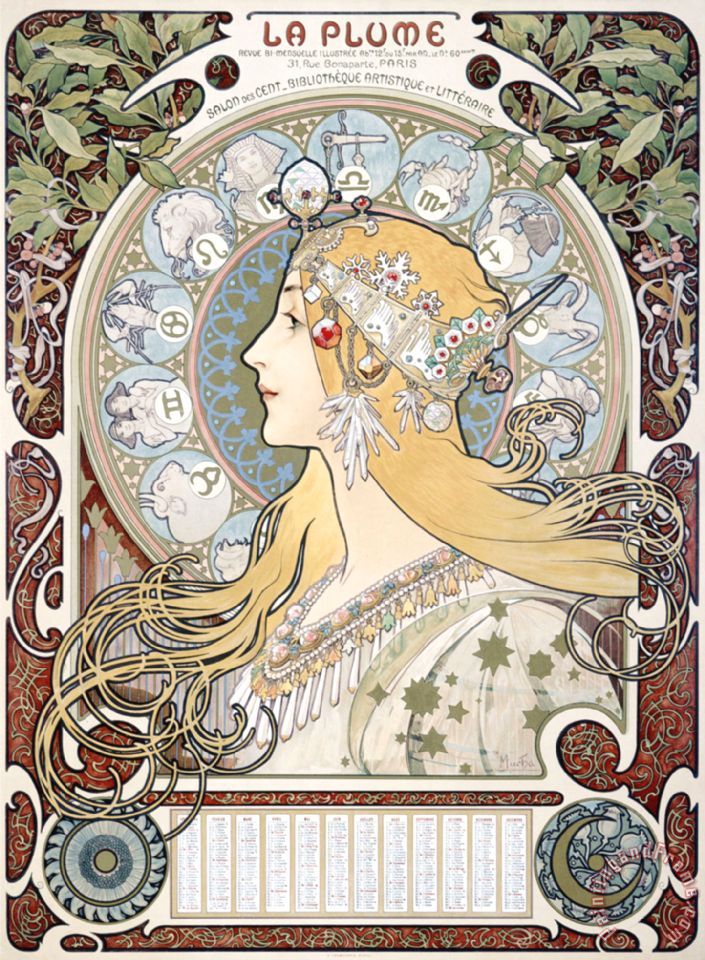 Alphonse Marie Mucha Zodiac Le Plume painting - Zodiac Le Plume print ...